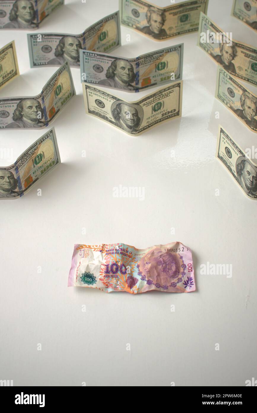 Argentina economic crisis and currency devaluation. Crumpled ...