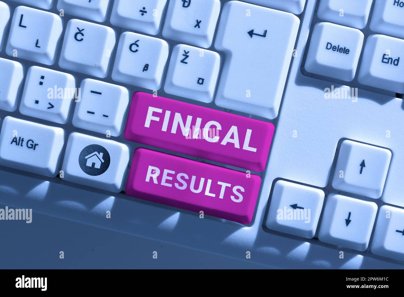 Hand writing sign Finical Results, Business showcase written records ...