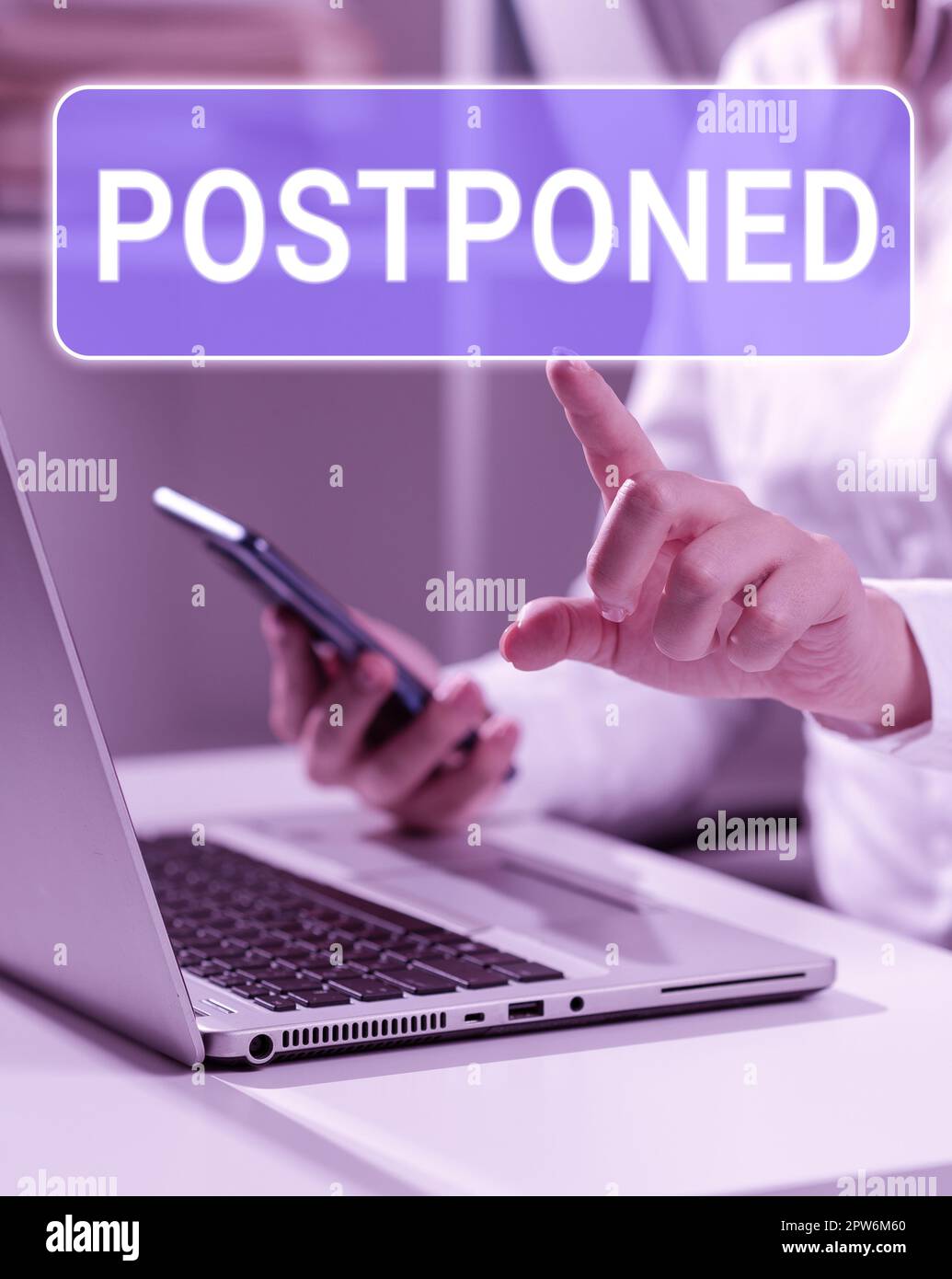 Hand writing sign Postponed, Internet Concept to place later in order ...