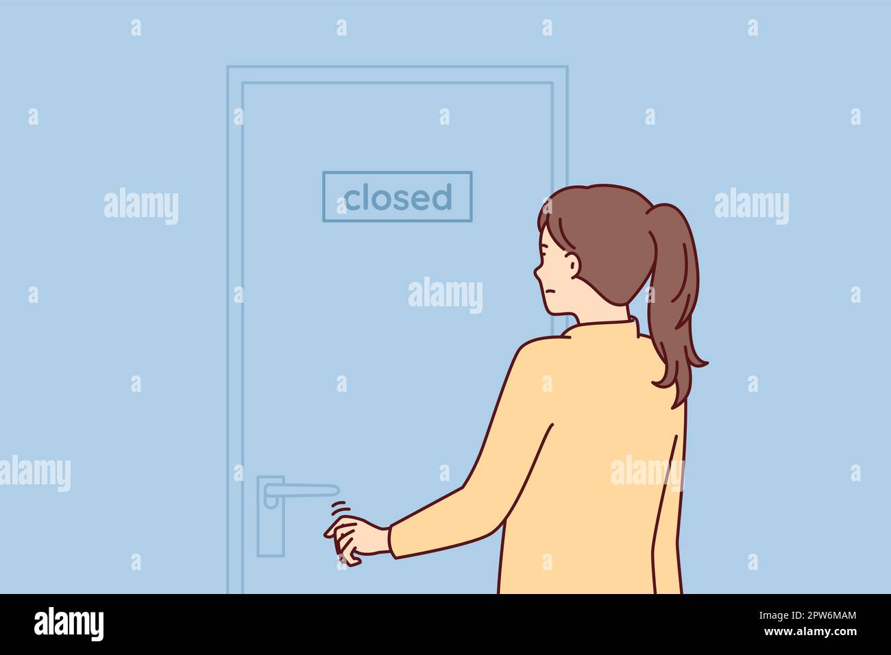 Indecisive woman pulls hand to door with inscription closed stands with ...