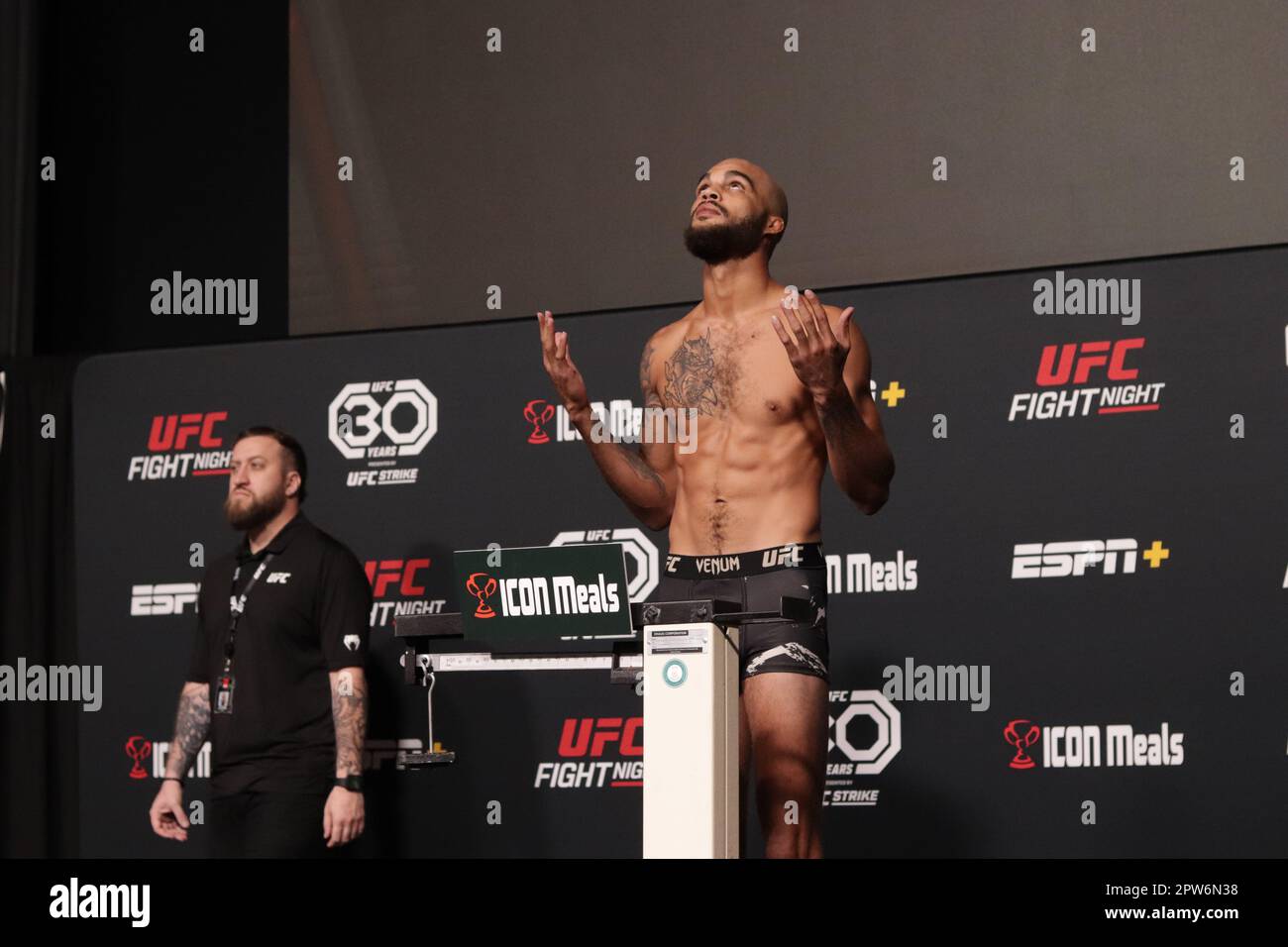 LAS VEGAS, NV - APRIL 28: Trey Waters poses on the scale during the UFC ...