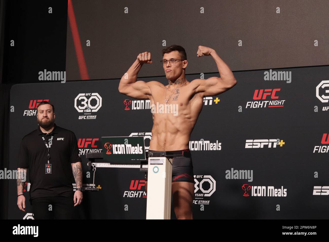 LAS VEGAS, NV - APRIL 28: Caio Borralho poses on the scale during the ...