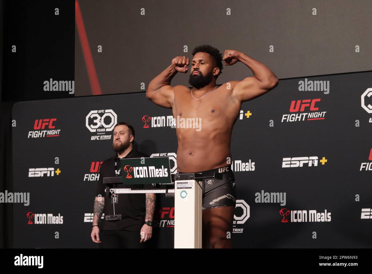 LAS VEGAS, NV - APRIL 28: Waldo Cortes-Acosta poses on the scale during ...