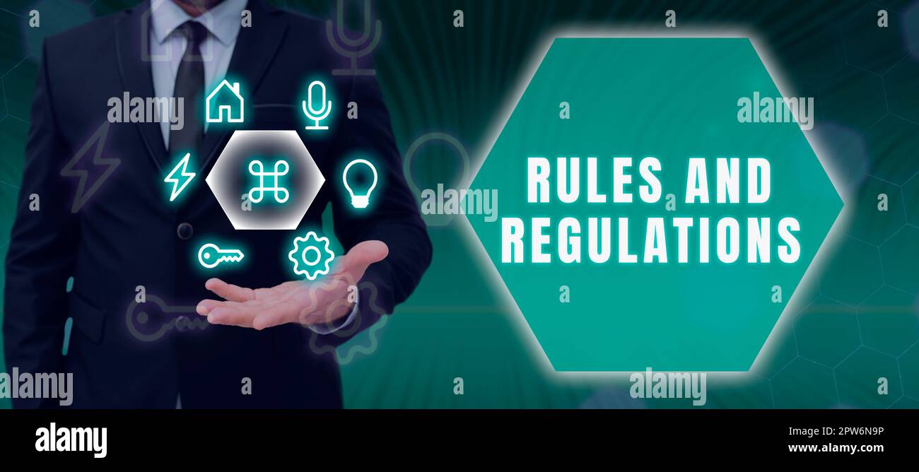Sign displaying Rules And Regulations, Business overview guidelines to ...