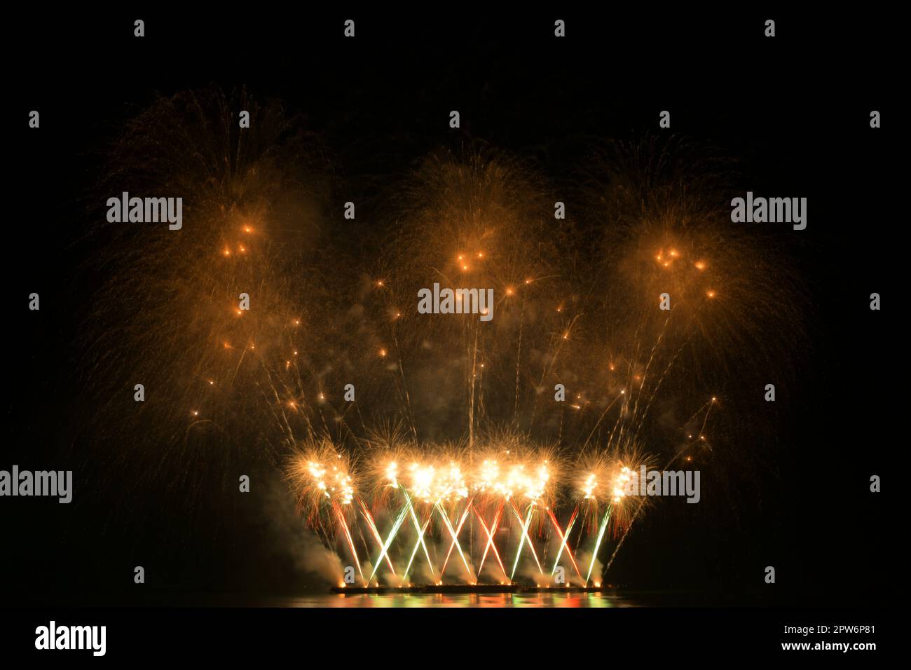 Colorful Fireworks Isolated on black sky background at pathaya Thailand ...