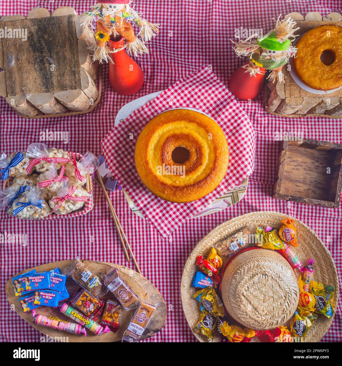 Festa junina, typical Brazilian party, various sweets on the table with ...