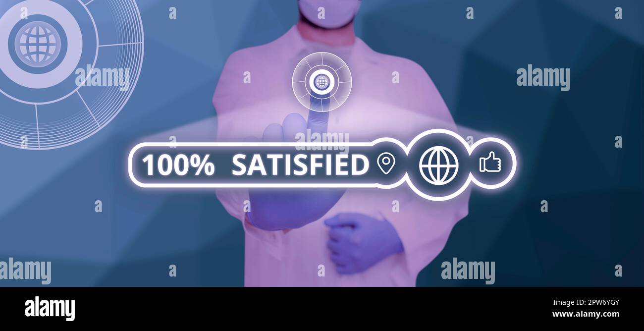 Hand writing sign 100 Satisfied, Word for Products and services surpass customer expectation ...