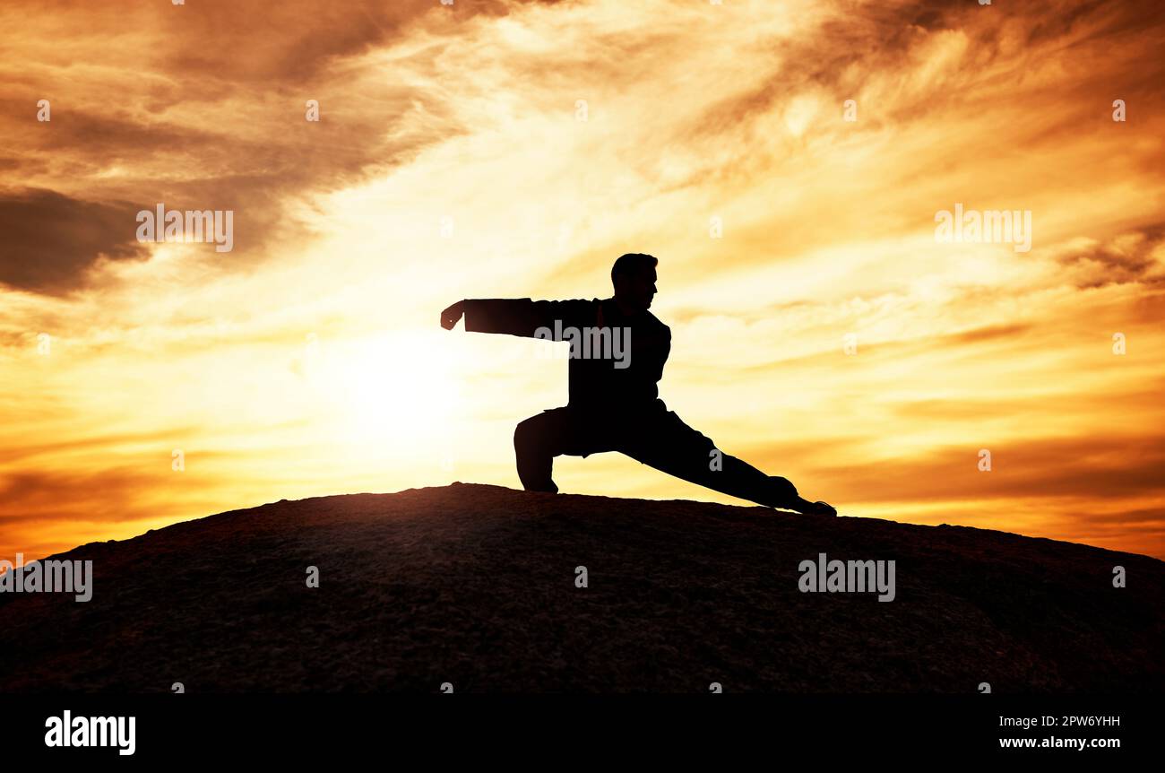 Tai chi, exercise and man at sunset to practice a spiritual workout in ...