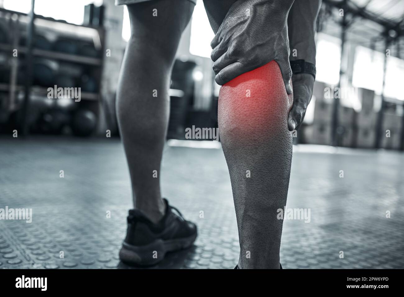Pain in the calf from injury hurts. Hands of trainer touching their leg ...