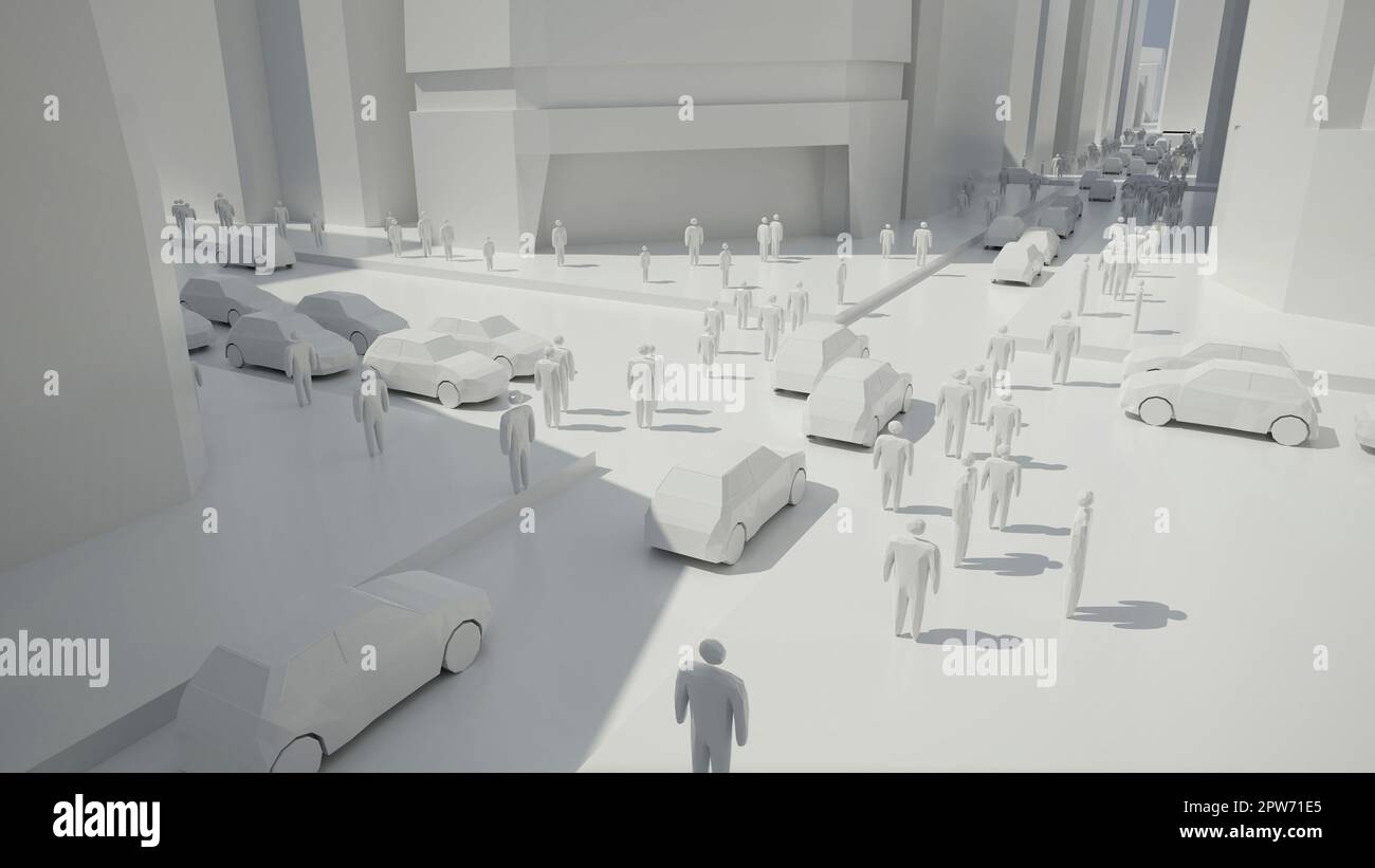 Modern, clean city street corner with people walking on the sidewalks ...