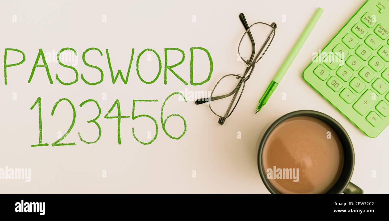 Hand writing sign Password 123456, Word for the hidden word or expression to be used to gain ...
