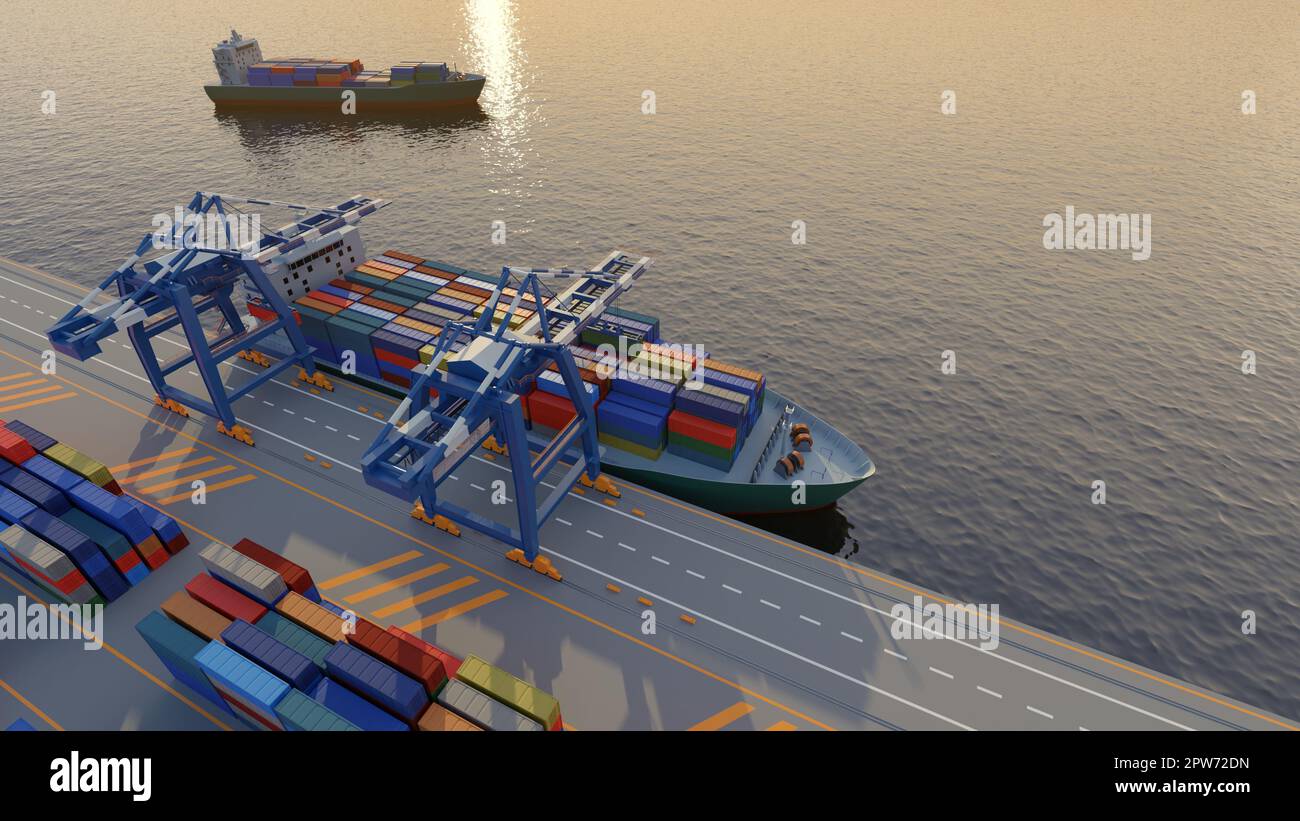 Port cranes loading containers on a cargo ship at the port. Elevated ...