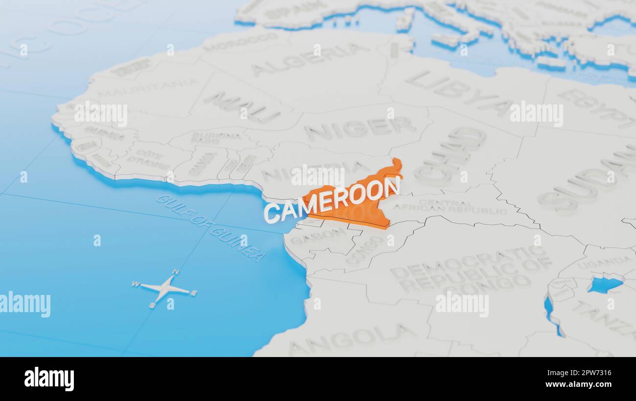 Cameroon highlighted on a white simplified 3D world map. Digital 3D ...
