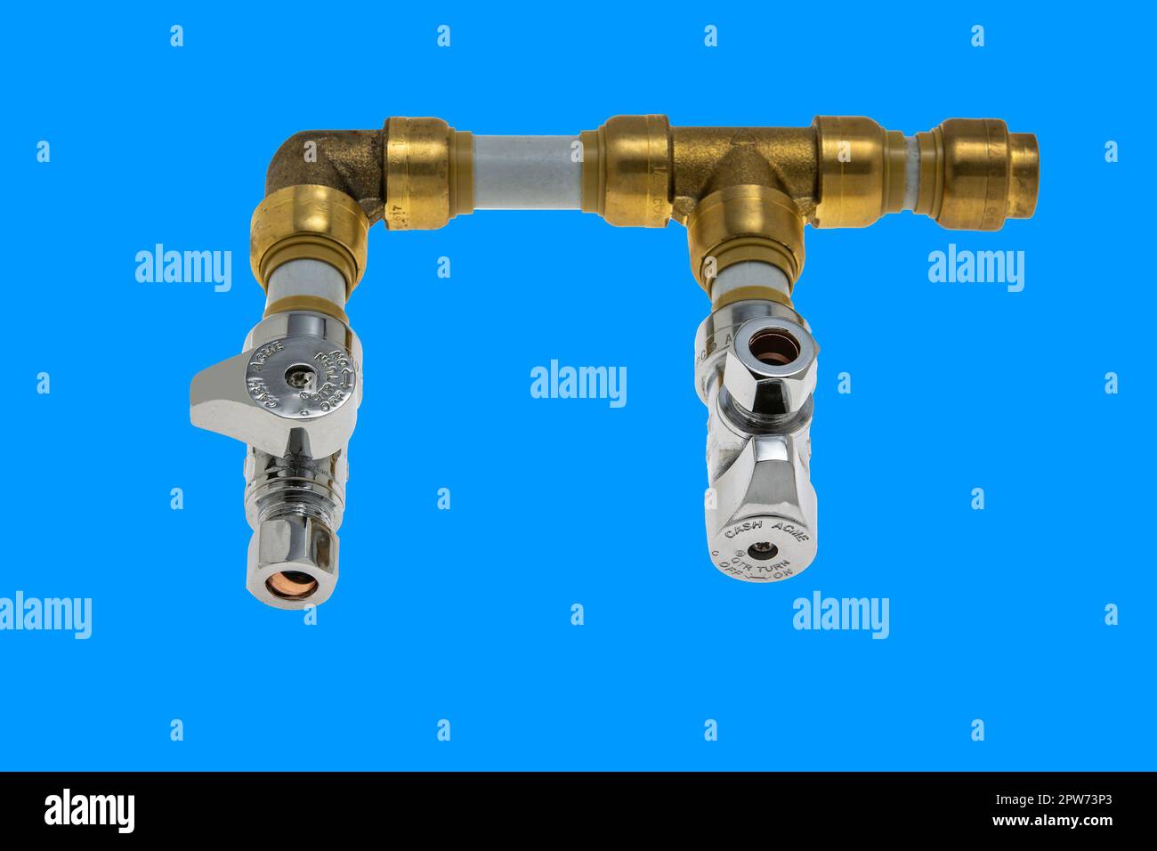 Fragment of connecting two taps to the plumbing system isolated against ...