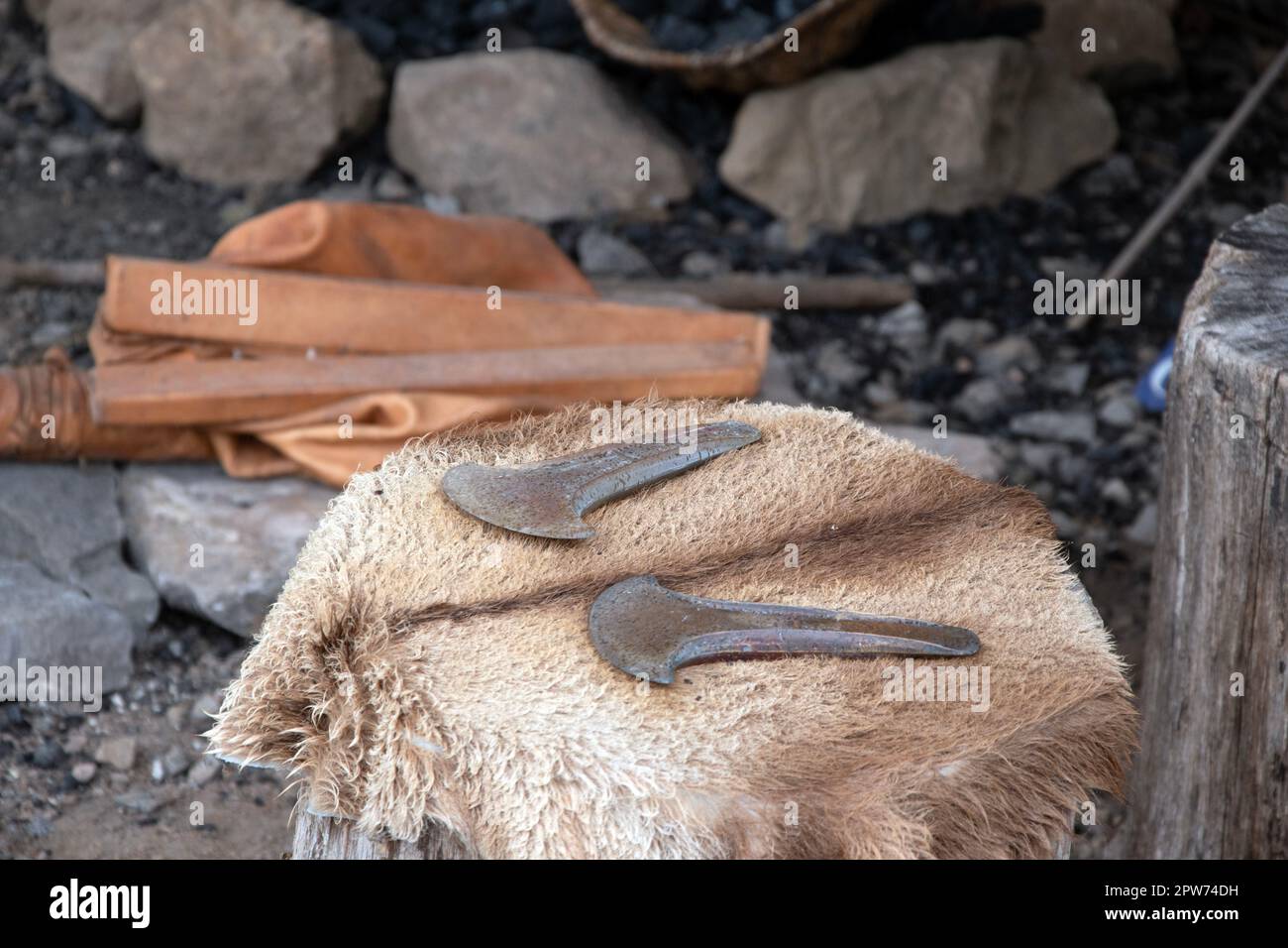 Prehistoric tools on display at Great Orme Copper Mine, Wales Stock ...