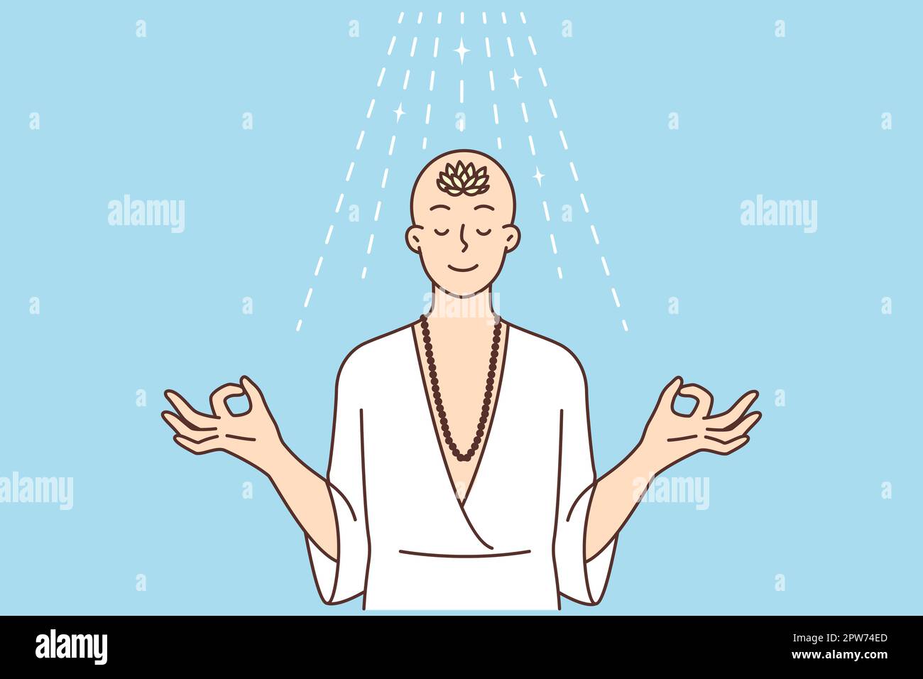 Bald woman with mudra hands meditate engaged in spiritual ritual ...