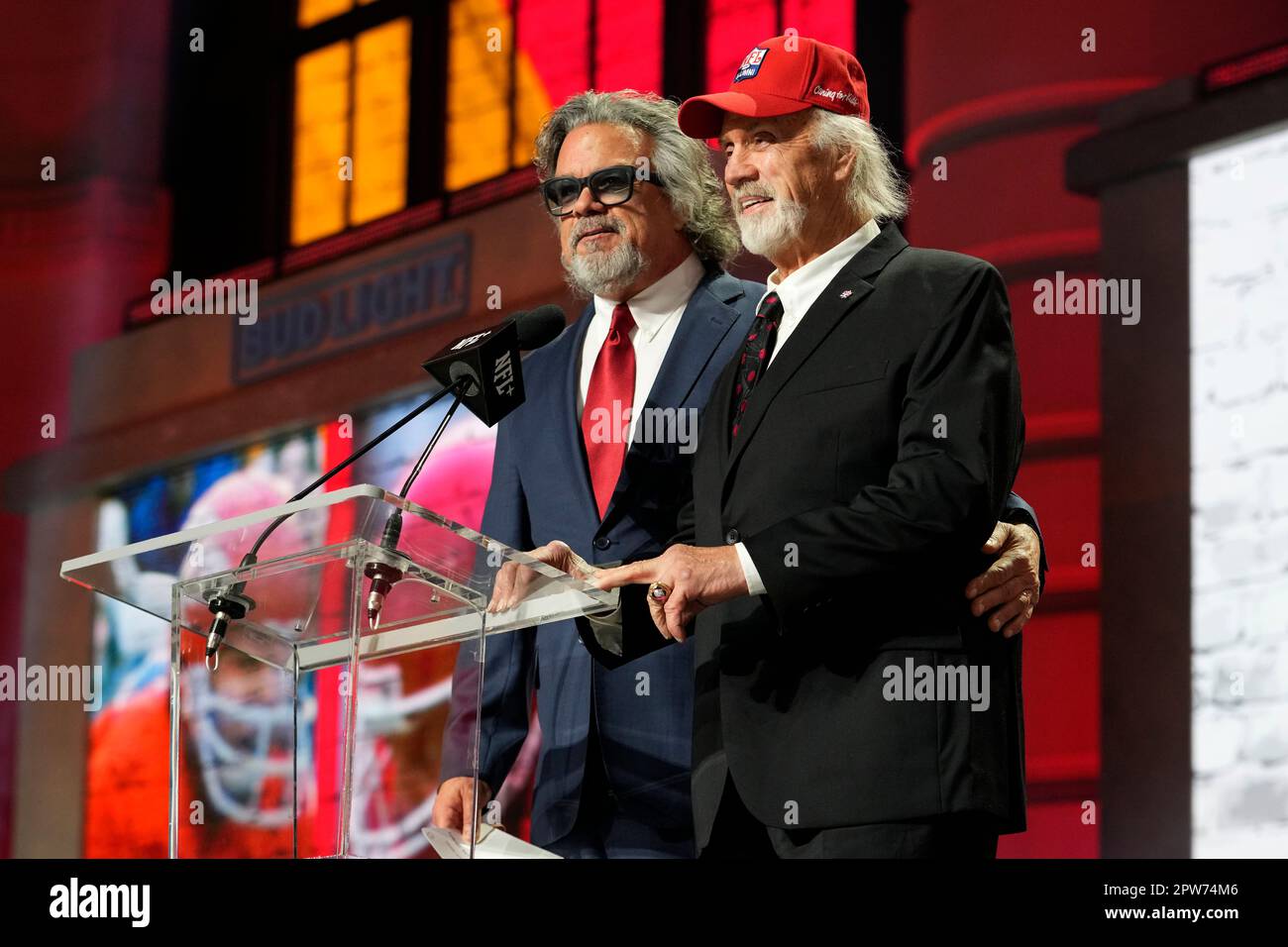 Ed Budde, right, and Brad Budde announce the No. 55 pick for the Kansas ...