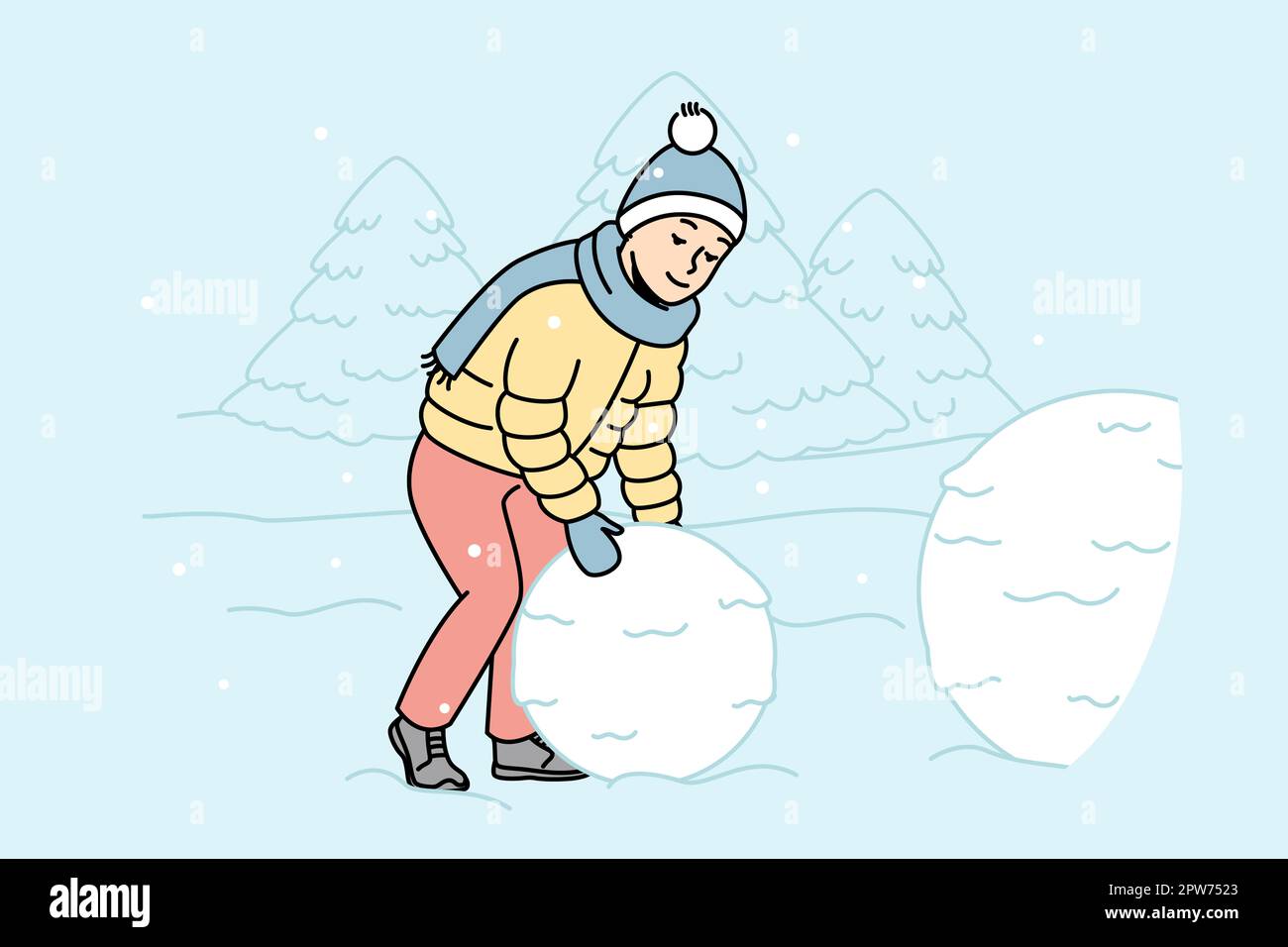 Child rolls big snowball to make snowman outdoors. Boy creates snow ...