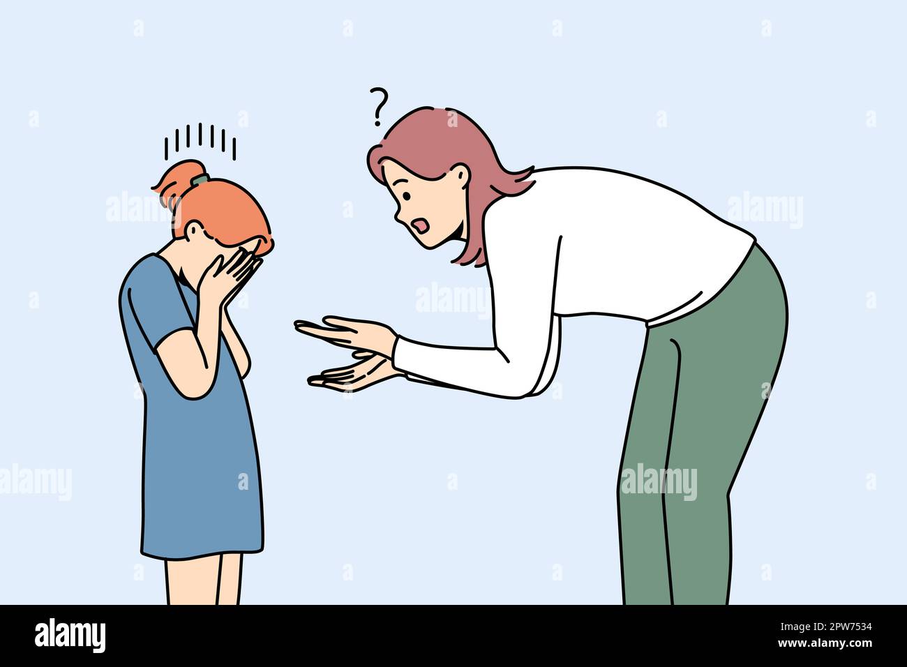 Young mother scolding unhappy crying small daughter. Confused mom talk ...