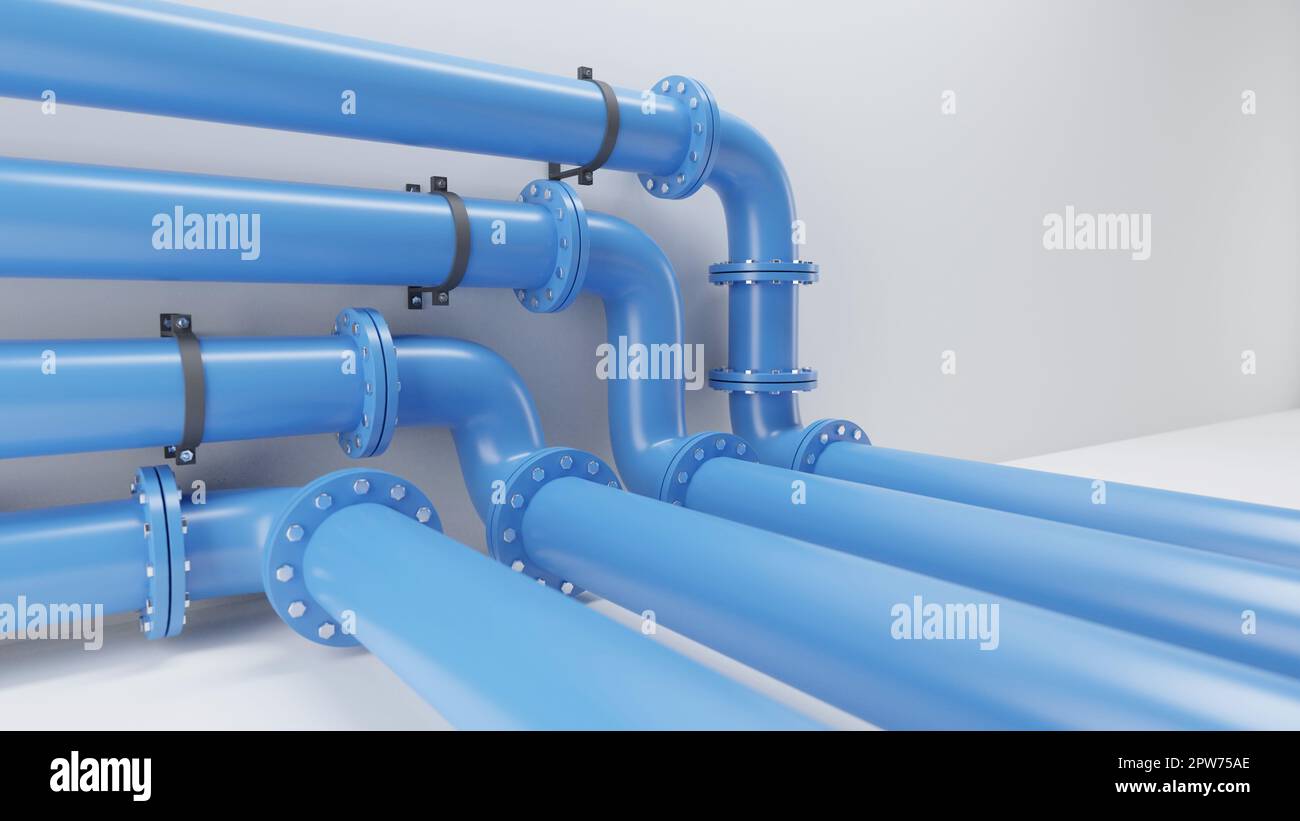 Blue industrial pipelines with valves on white background. Digital 3D ...