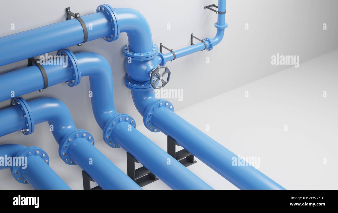 Blue industrial pipelines with valves on white background. Digital 3D ...