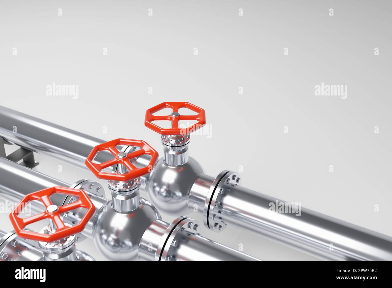 Stainless steel pipelines with red valves on white background. Digital ...