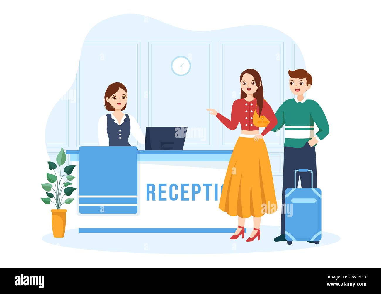Hotel Reception Interior with Receptionist People and Travelers for ...