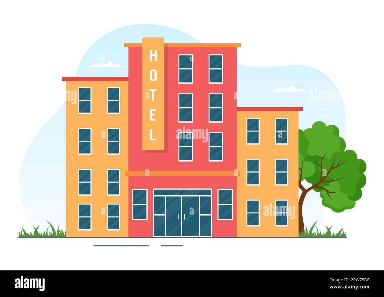 Skyscraper Hotel Building Flat Cartoon Hand Drawn Illustration Template ...