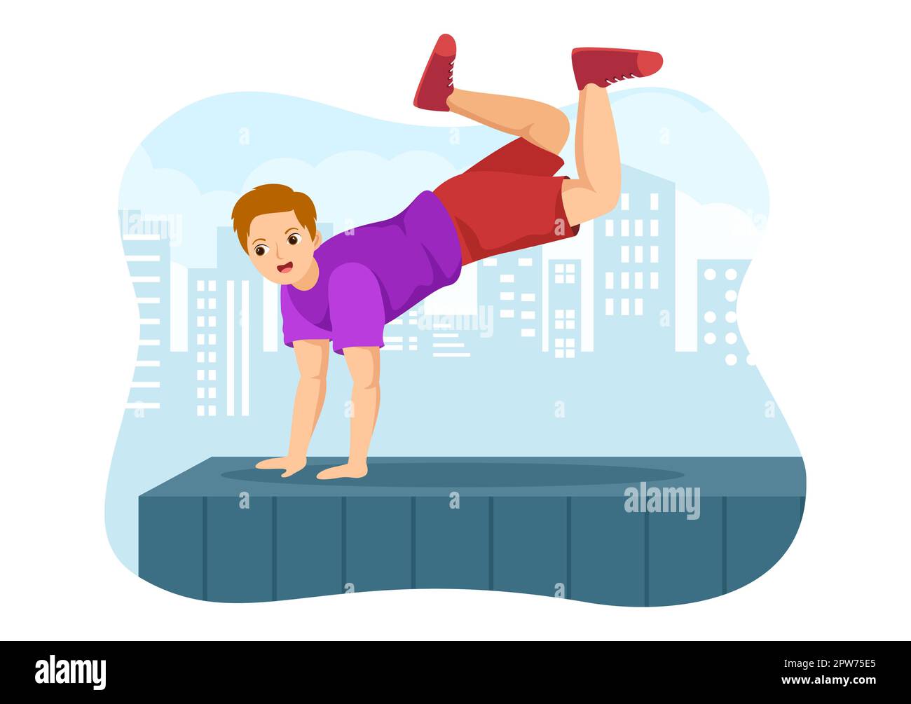 Parkour Sports with Young Men Jumping Over Walls and Barriers in City ...