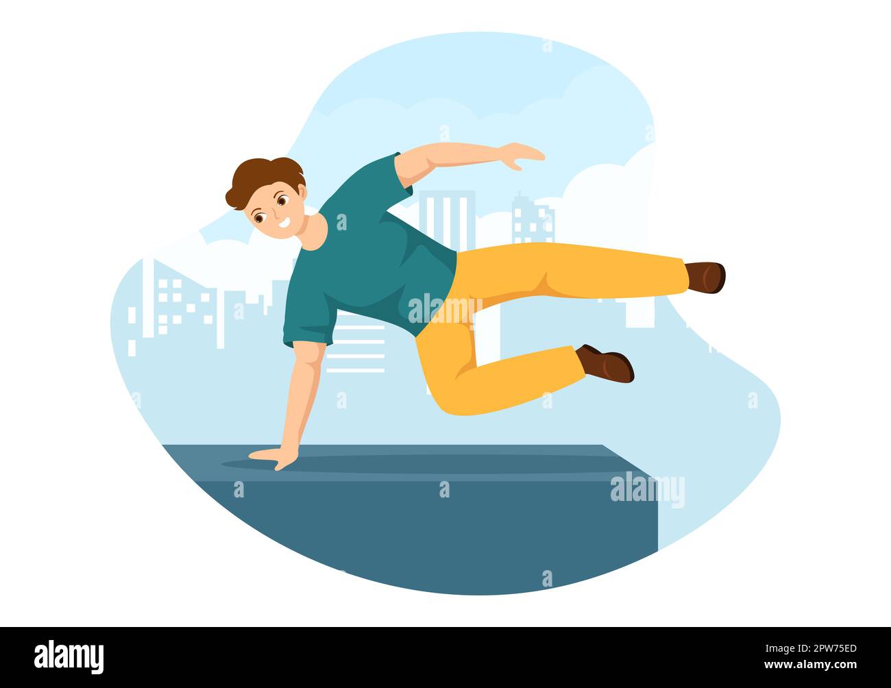 Parkour Sports with Young Men Jumping Over Walls and Barriers in City ...