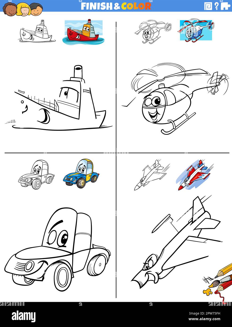 drawing and coloring worksheets set with comic vehicles Stock Vector ...
