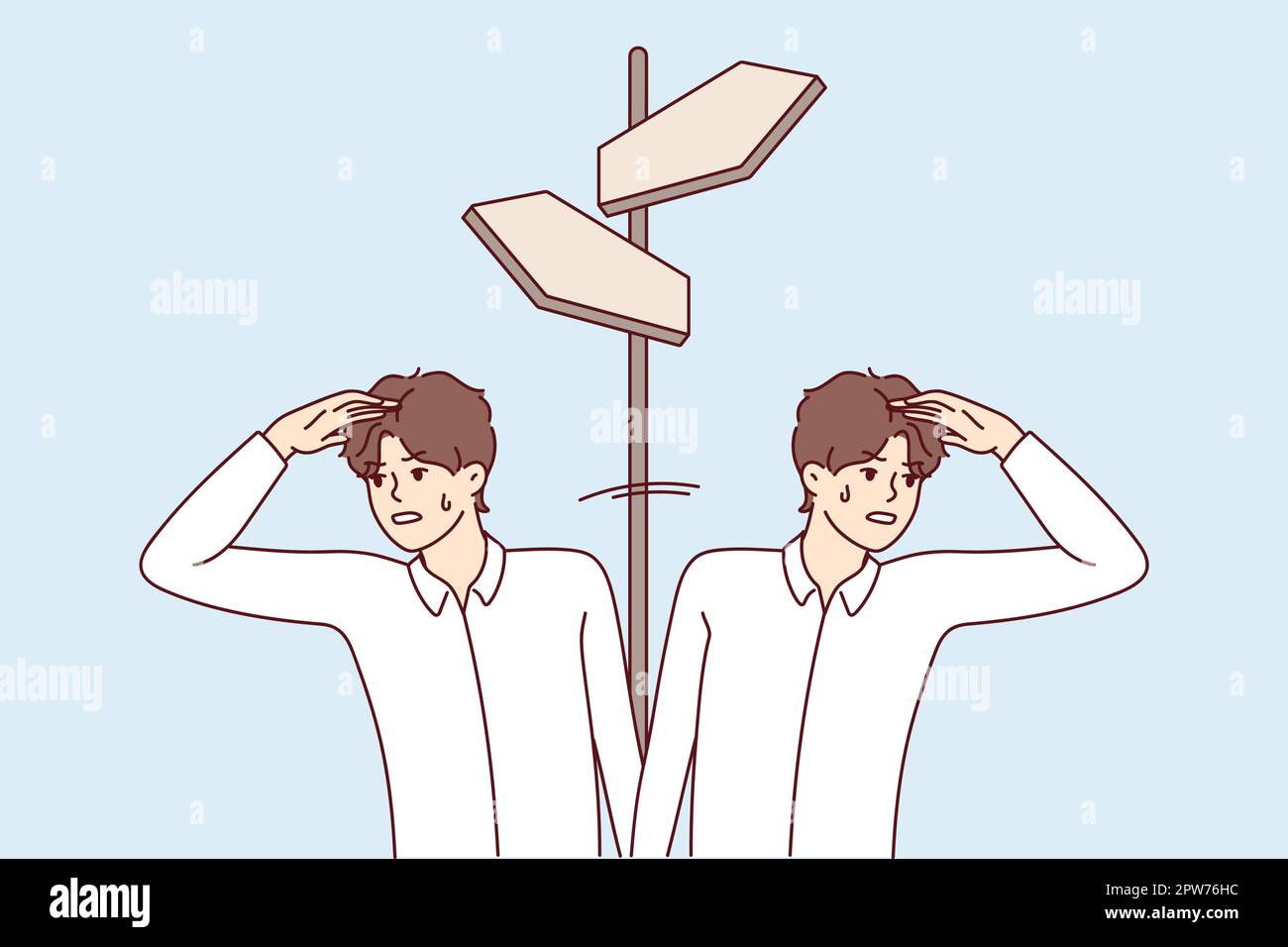 Men stand at crossroads and look at different sides need to make ...