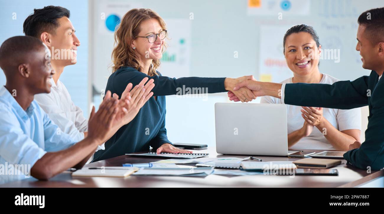 Business people handshake collaboration, thank you and contract in meeting with diversity ...