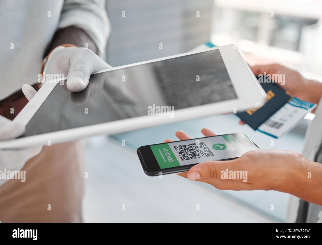 Covid safety, travel passport and qr code closeup of digital vaccine ...