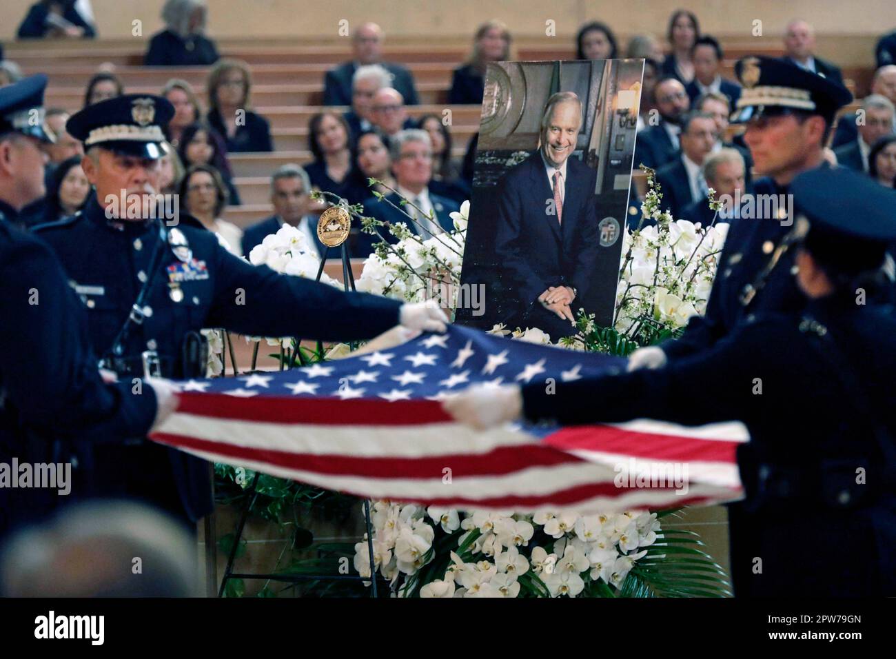 LAPD Color Guard conduct the Presentation of the Flag as a photo of ...