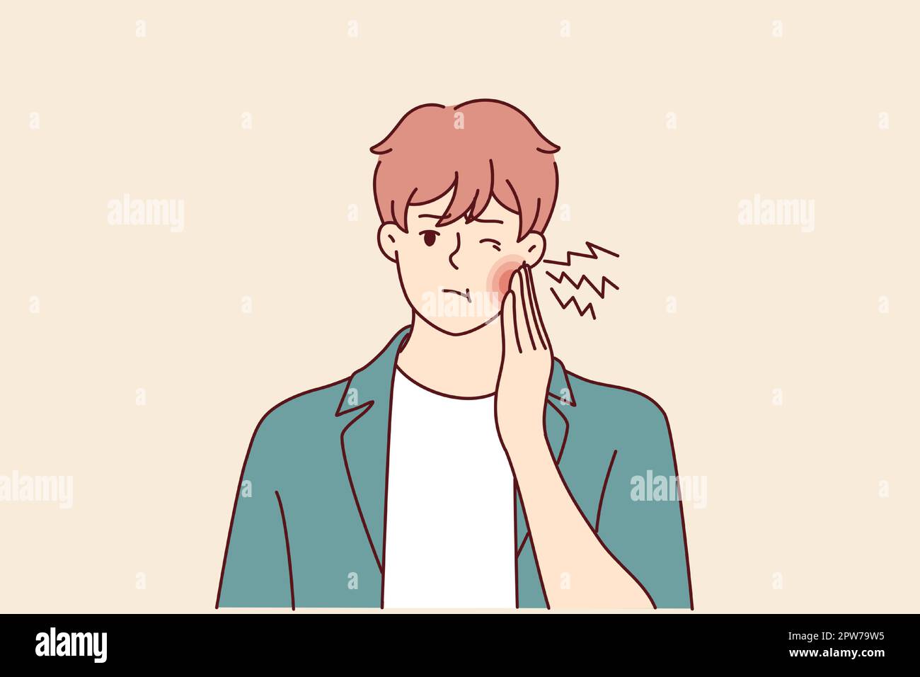 Man has pain in teeth and puts hand on red cheek due to inflammation of ...