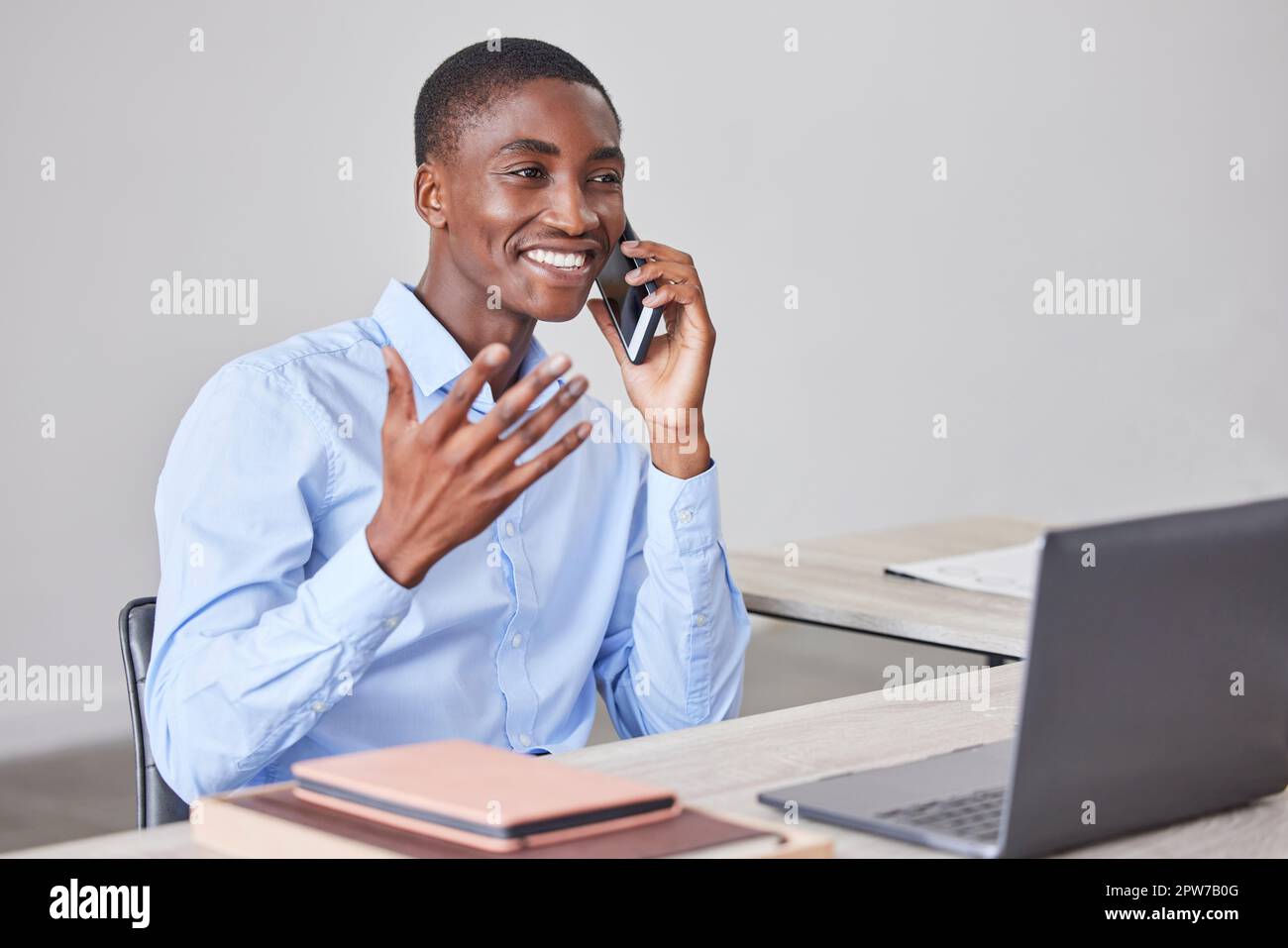 Business man, phone call and office employee talking about consulting ...