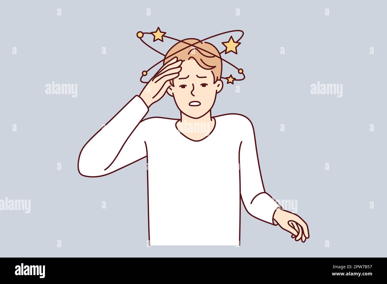 Suffering man experiencing pain in head after severe injury puts hand ...