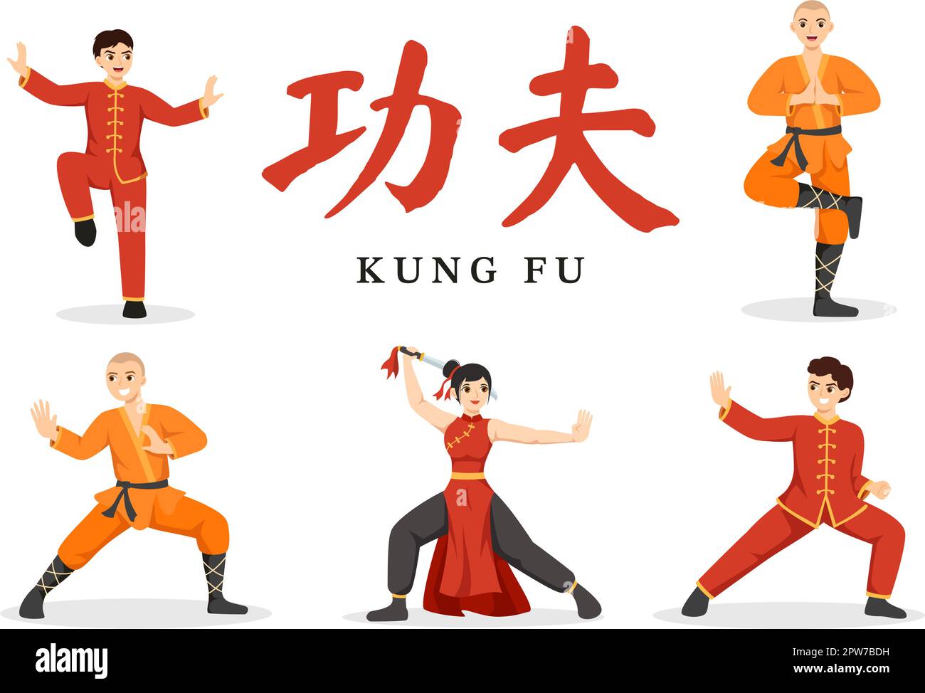 Kung Fu Illustration with People Showing Chinese Sport Martial Art in ...