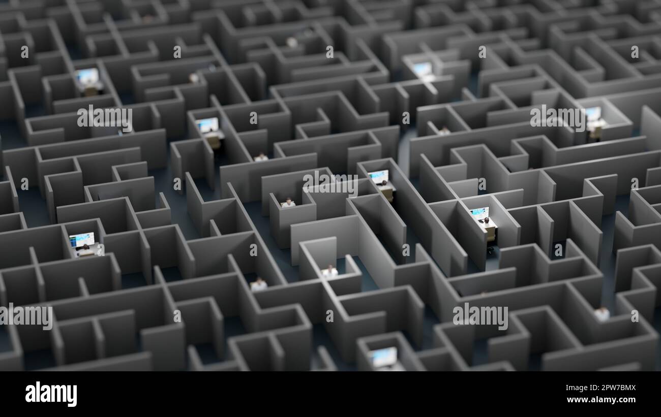 Office workers trapped in a maze. Workaholic, social isolation concept ...