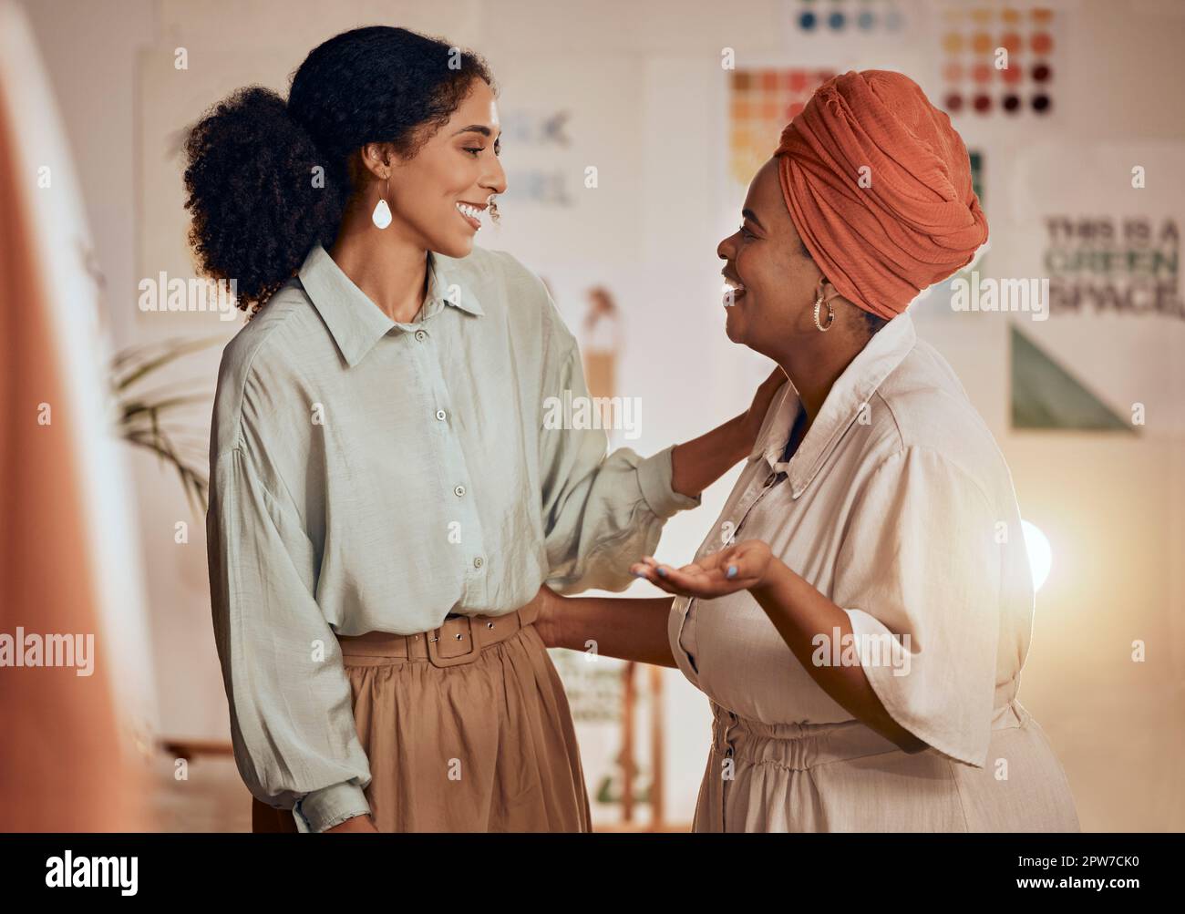 Designer women, planning conversation and fashion discussion with smile ...