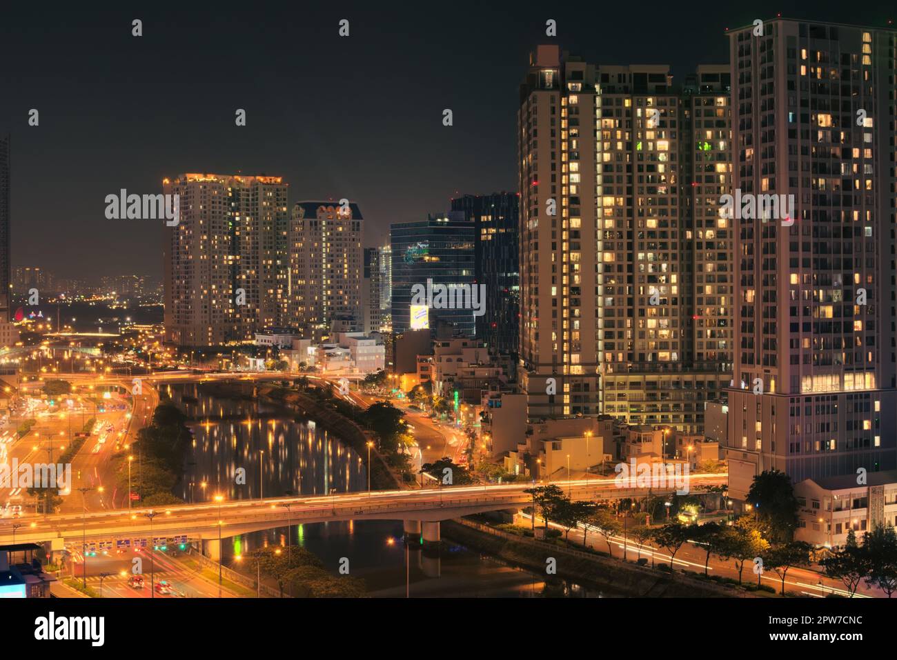 Long exposure night view of Vo Van Kiet avenue in Saigon, Vietnam (Ho ...