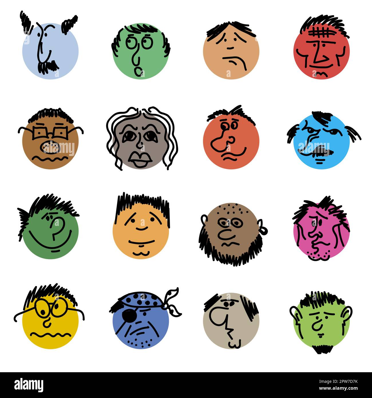 Colored doodle Heads. Round comic faces with various emotions. Crayon ...