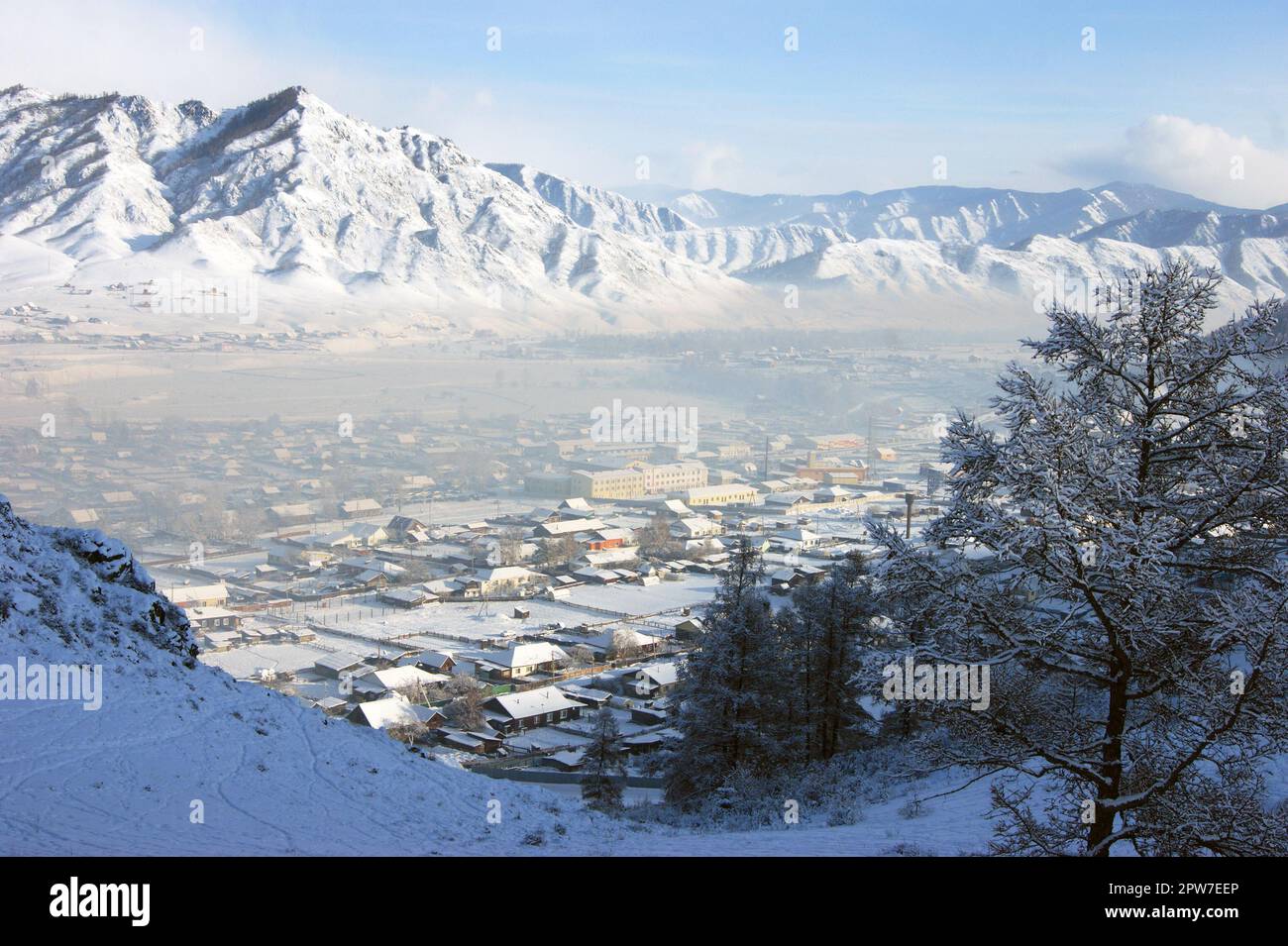 Snow-clad mountains and type on village in mountain Altaya Stock Photo ...