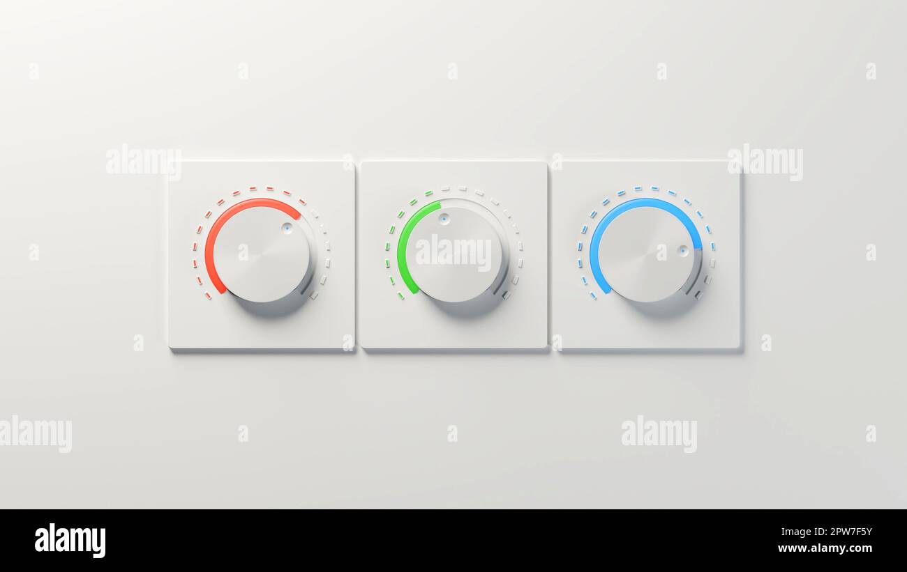 Three white knobs with red, green, and blue highlights on white background. RGB color mix, audio ...
