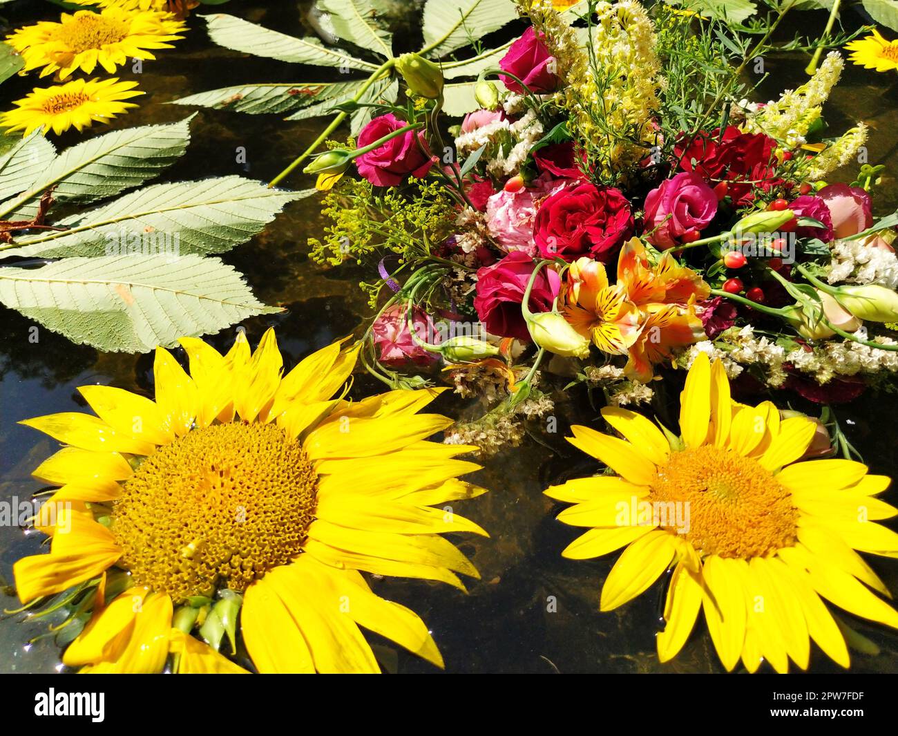 Yellow decorative sunflowers, pink and red roses in a bouquet floating in the water of a ...