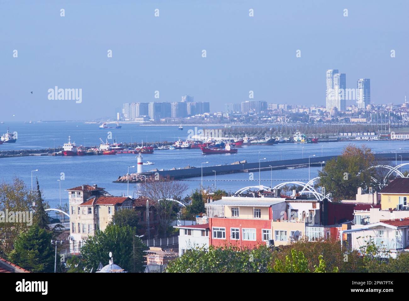 Elevated view of the Yenikapi Ferry Terminal and the sea of Marmara, in ...