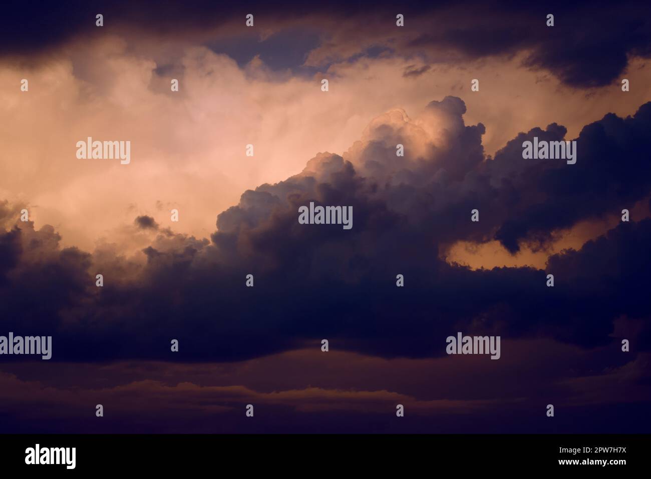 Dark, dramatic nimbus clouds at sunset, lit by the last rays of ...