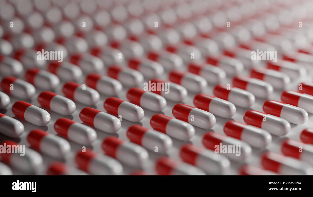 Red and white pills on white background. Pharmaceutical industry ...