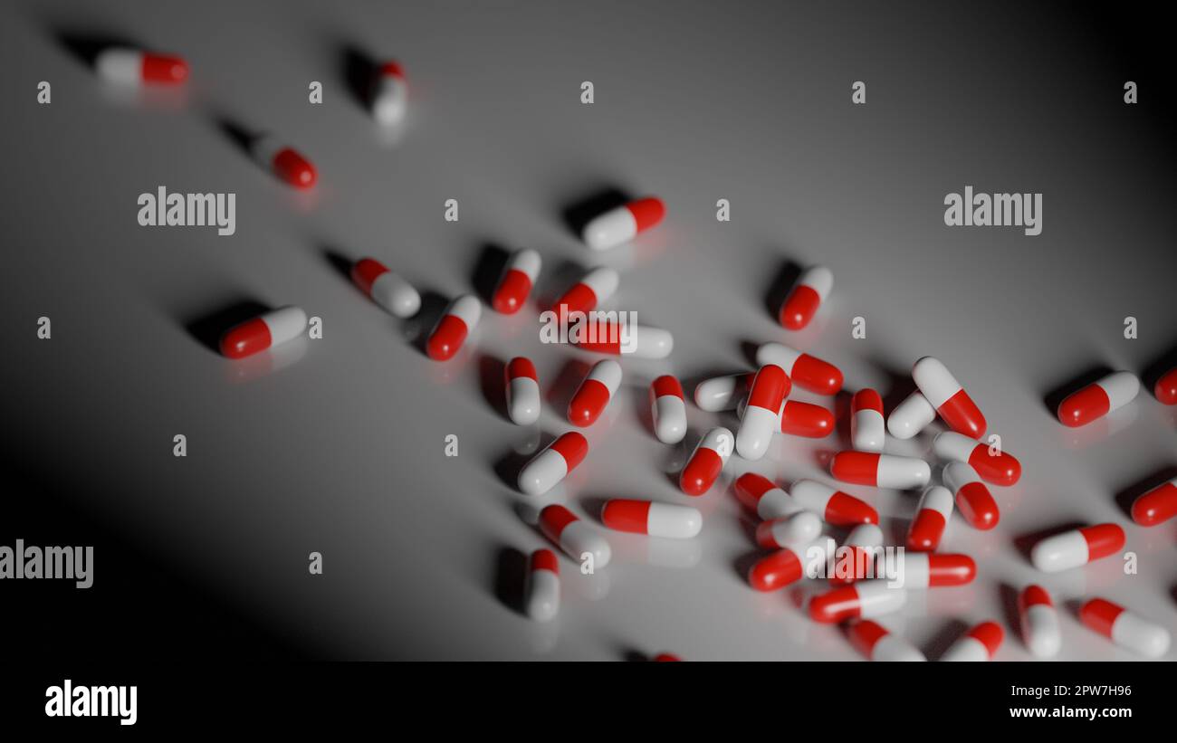 Red and white pills on white background. Prescription drugs addiction ...